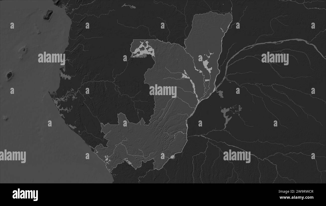 Republic of the Congo highlighted on a Bilevel elevation map with lakes ...