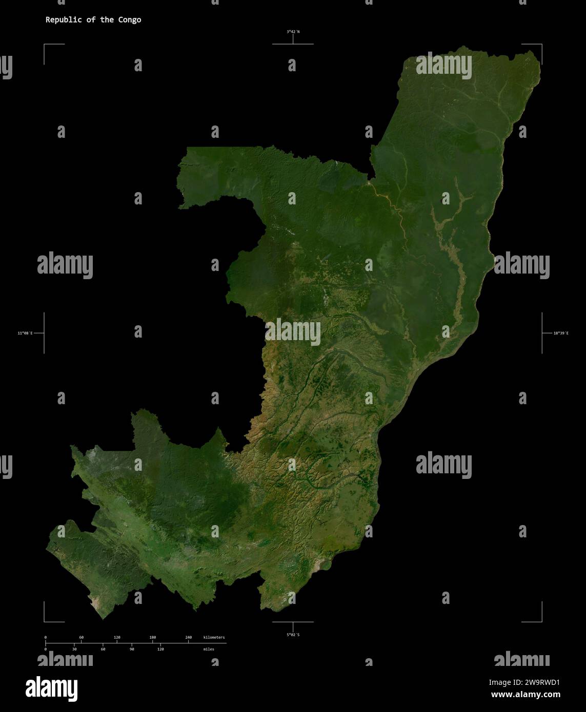 Shape of a low resolution satellite map of the Republic of the Congo, with distance scale and ...