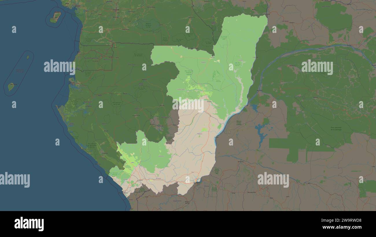 Republic of the Congo highlighted on a topographic, OSM standard style ...