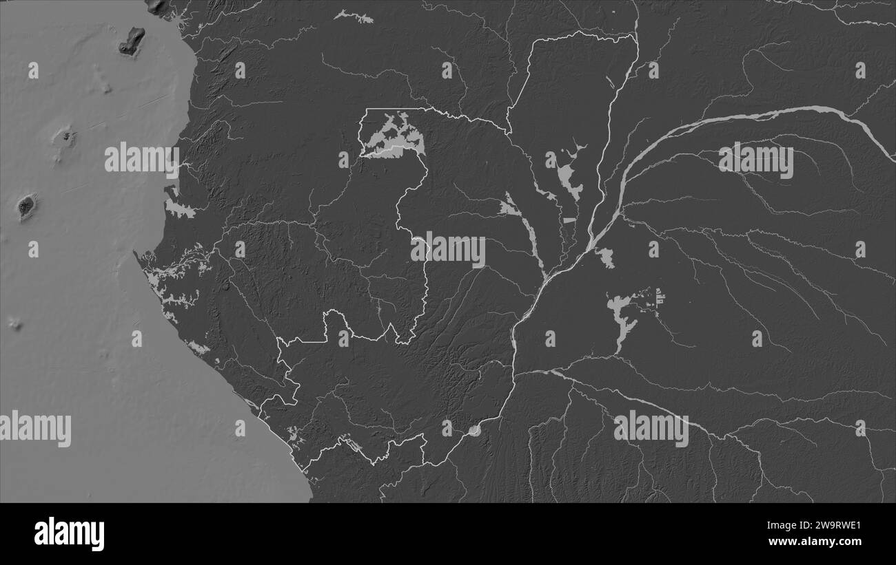 Republic of the Congo outlined on a Bilevel elevation map with lakes ...