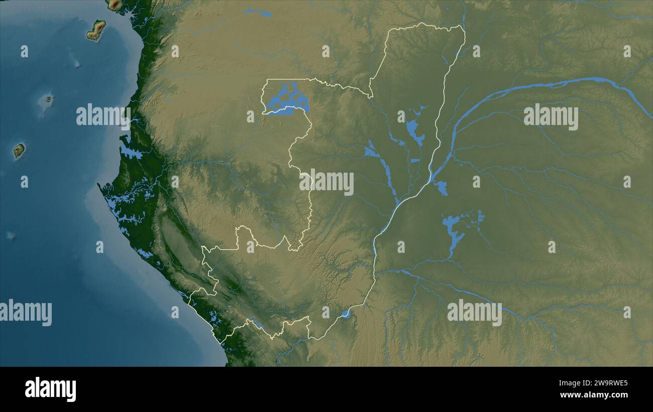 Republic of the Congo outlined on a Colored elevation map with lakes ...