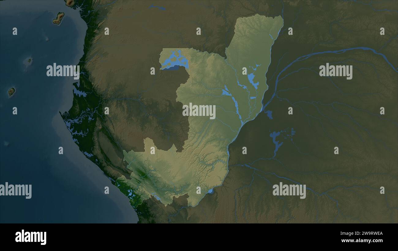 Republic of the Congo highlighted on a Colored elevation map with lakes ...