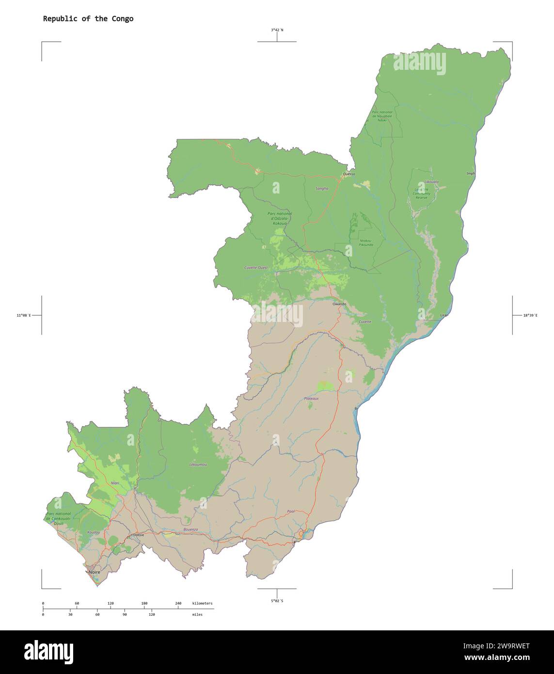 Shape of a topographic, OSM standard style map of the Republic of the Congo, with distance scale ...