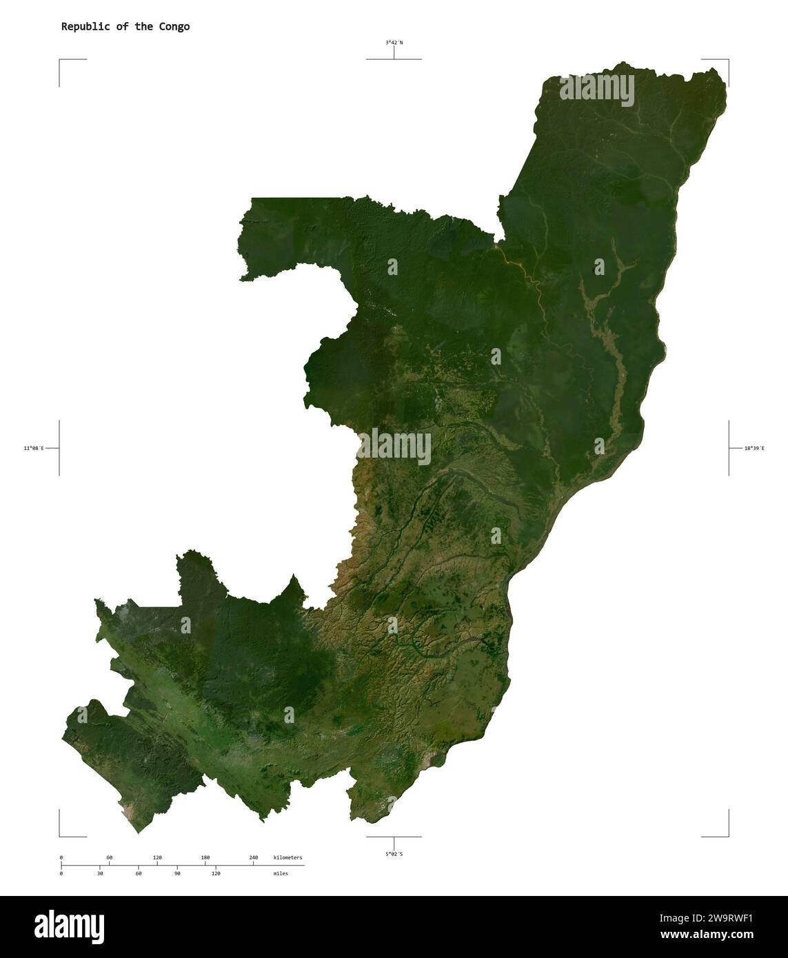 Shape of a low resolution satellite map of the Republic of the Congo, with distance scale and ...