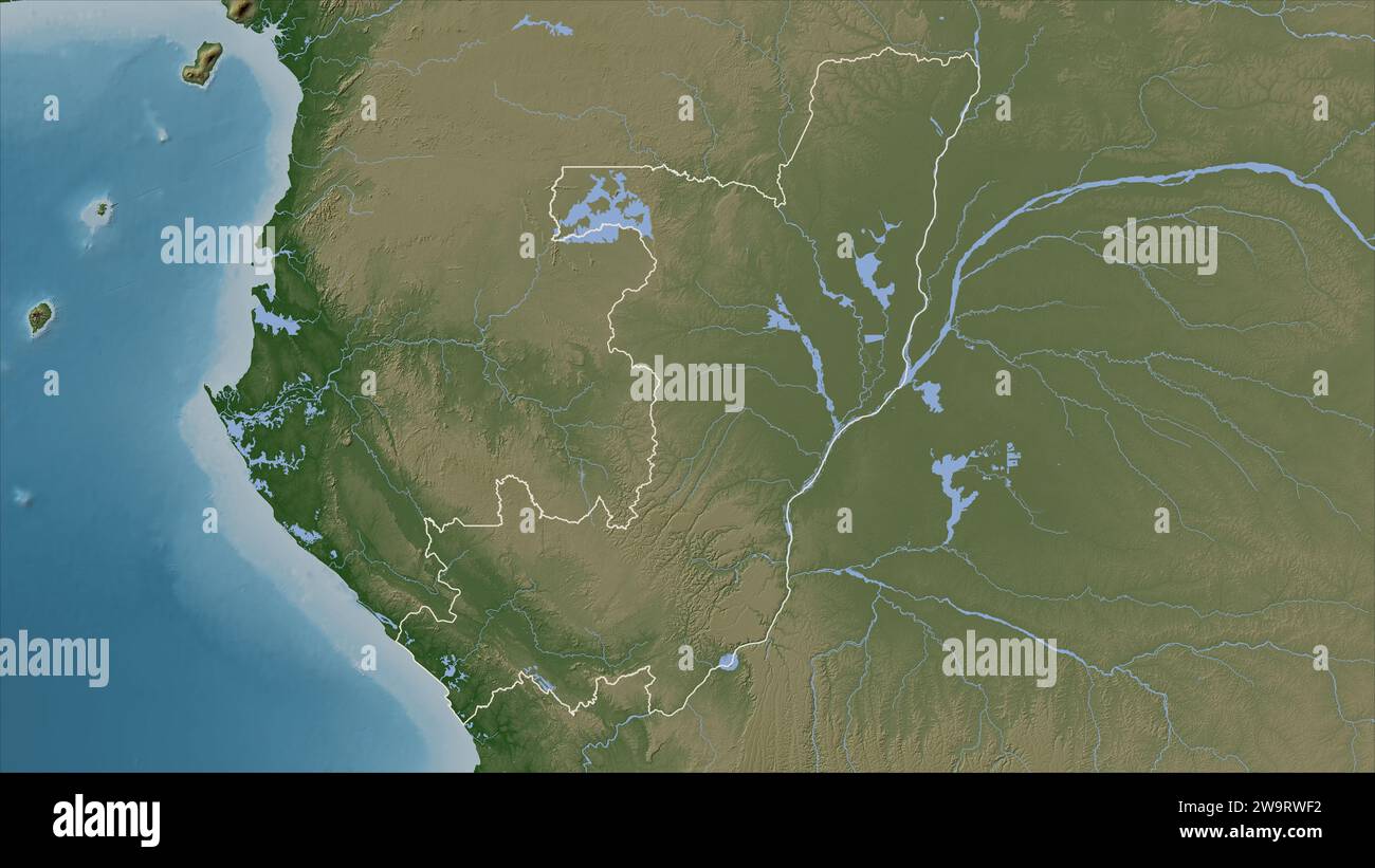 Republic of the Congo outlined on a Pale colored elevation map with ...