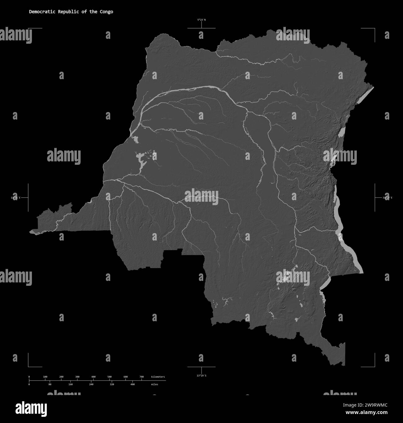 Shape of a Bilevel elevation map with lakes and rivers of the Democratic Republic of the Congo ...