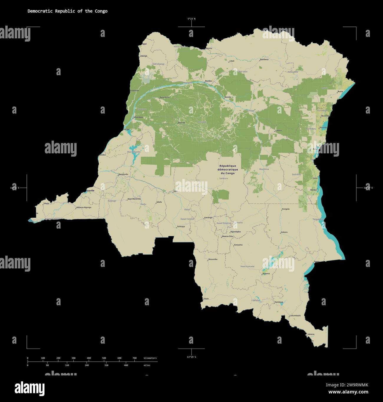 Shape of a topographic, OSM Humanitarian style map of the Democratic ...