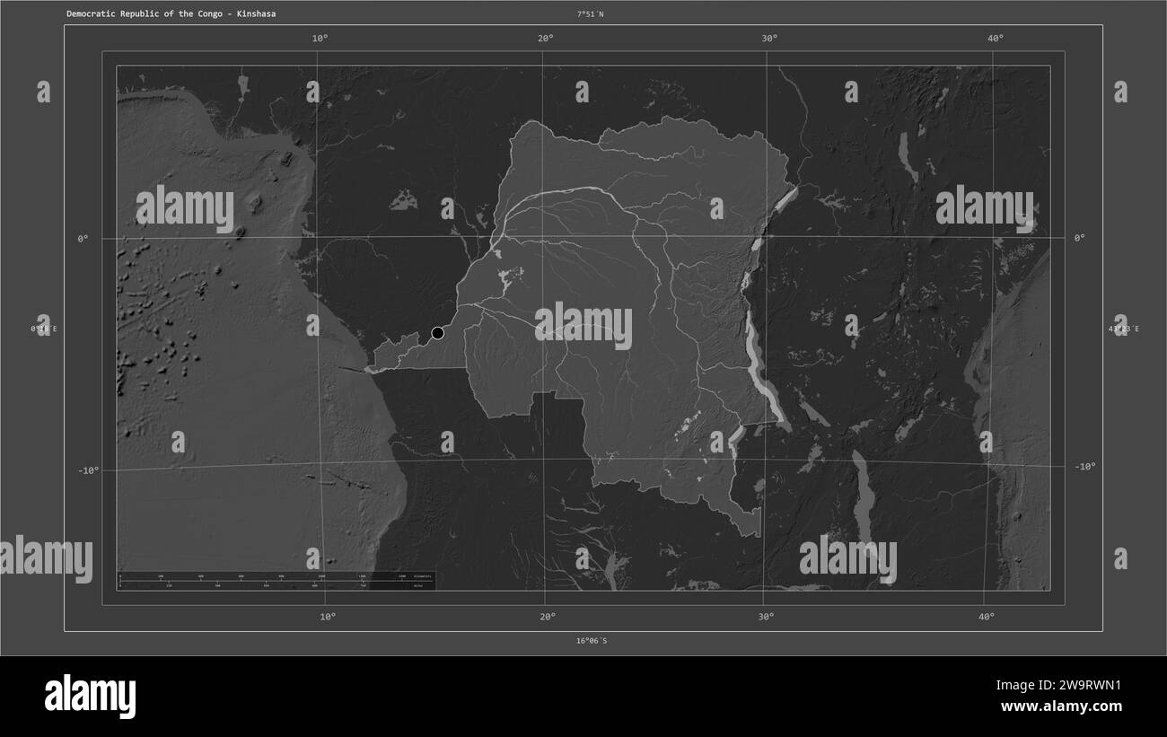 Democratic Republic of the Congo highlighted on a Bilevel elevation map with lakes and rivers ...
