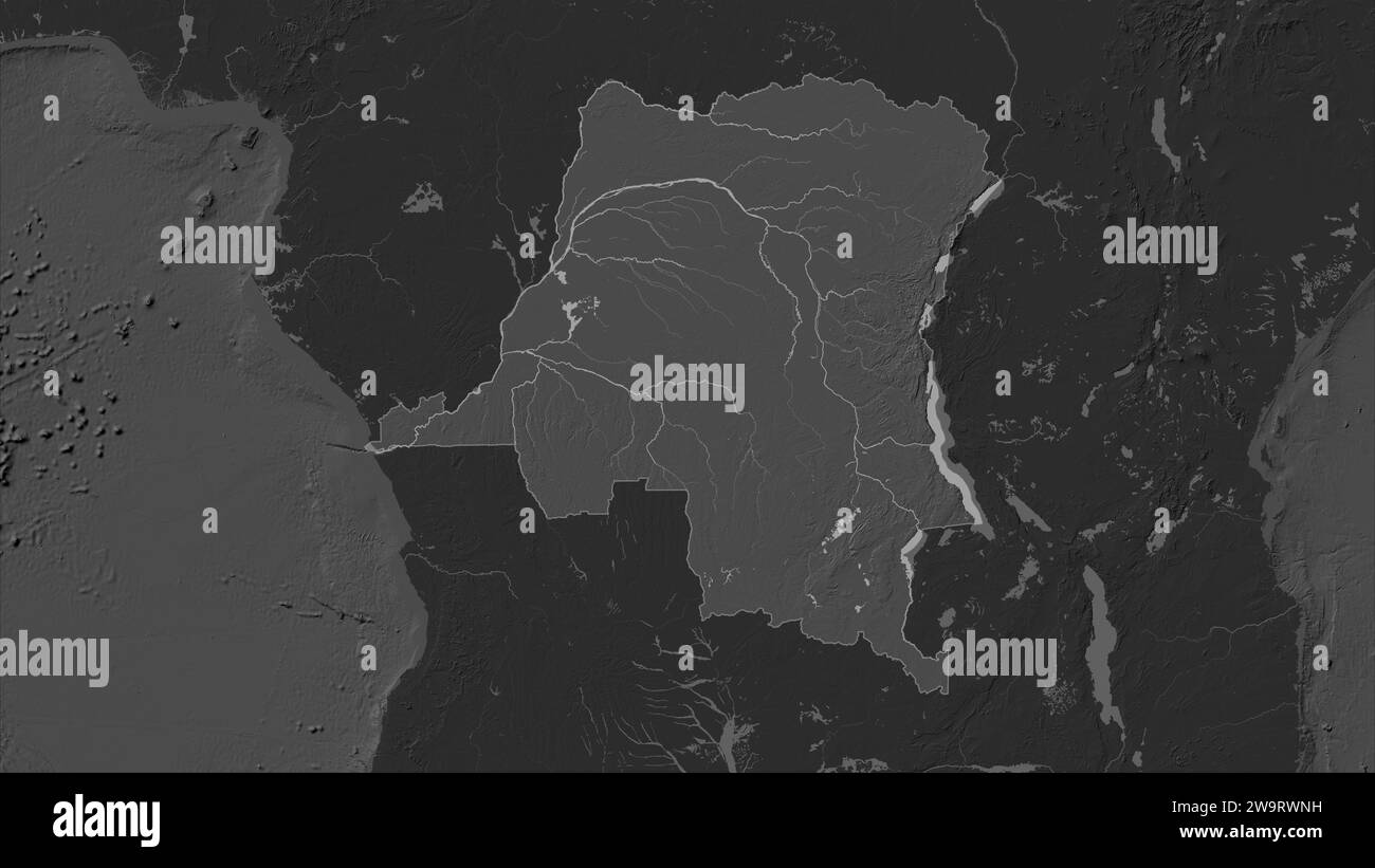 Democratic Republic of the Congo highlighted on a Bilevel elevation map with lakes and rivers ...
