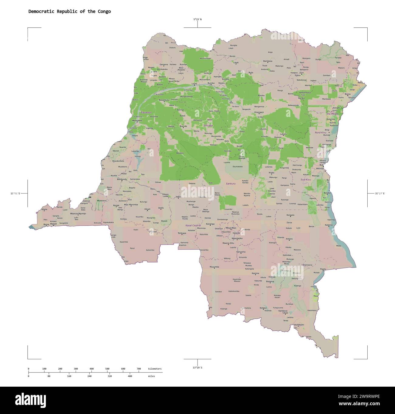 Shape of a topographic, OSM France style map of the Democratic Republic ...