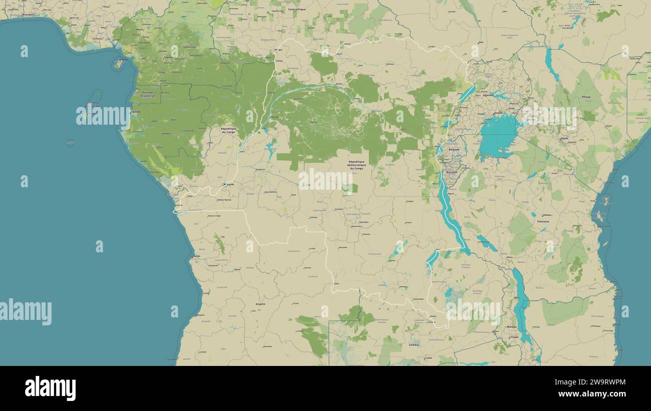 Democratic Republic of the Congo outlined on a topographic, OSM ...