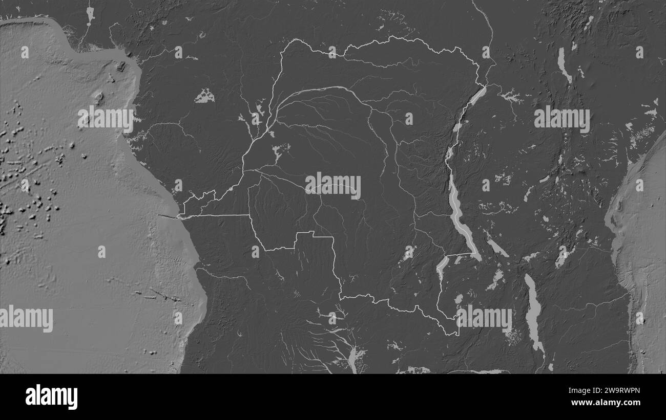 Democratic Republic of the Congo outlined on a Bilevel elevation map with lakes and rivers Stock ...
