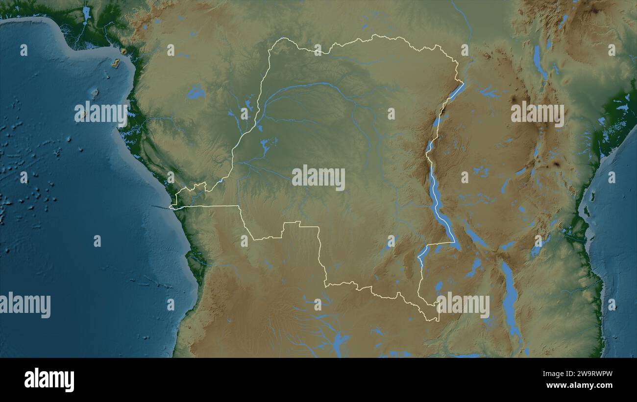 Democratic Republic of the Congo outlined on a Colored elevation map ...