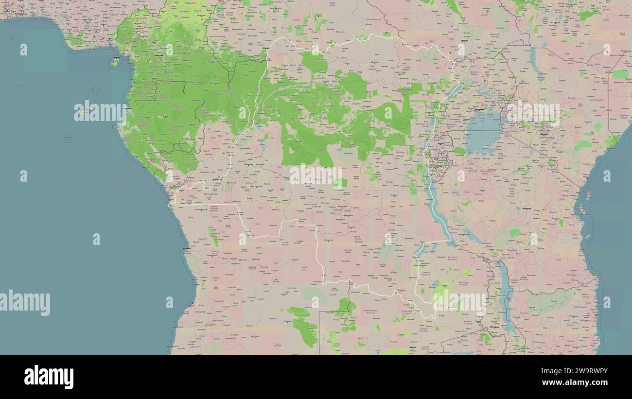 Democratic Republic of the Congo outlined on a topographic, OSM France ...