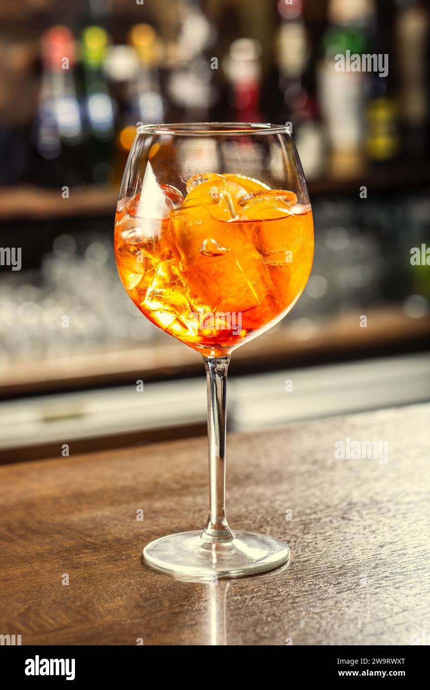 Aperol Spritz cocktail drink on the bar counter ready for the guest ...