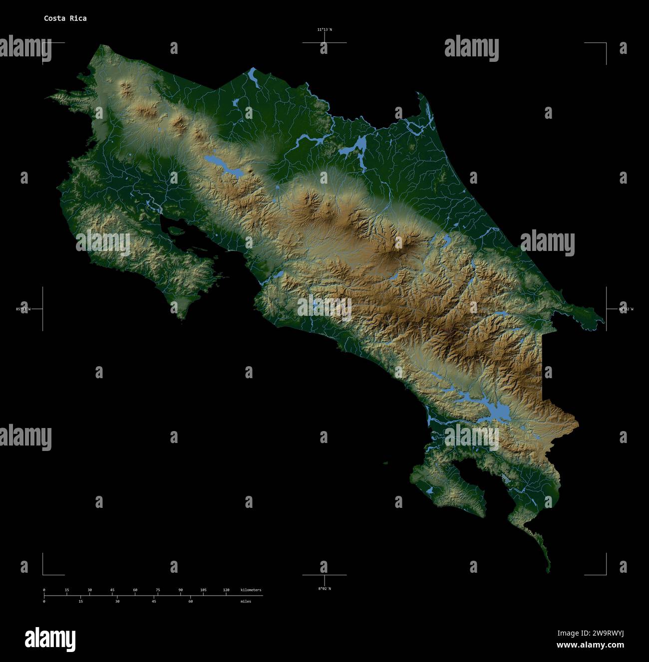 Shape of a Colored elevation map with lakes and rivers of the Costa ...