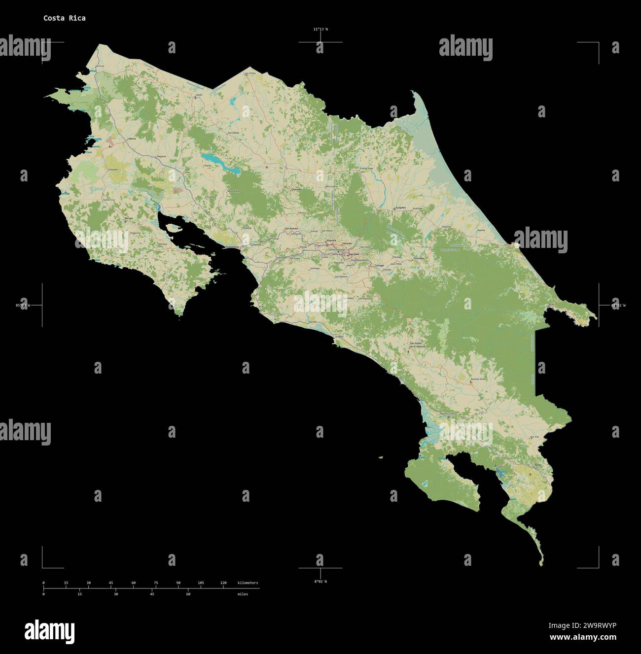 Shape of a topographic, OSM Humanitarian style map of the Costa Rica ...