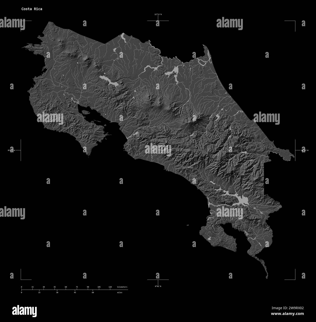 Shape of a Bilevel elevation map with lakes and rivers of the Costa ...