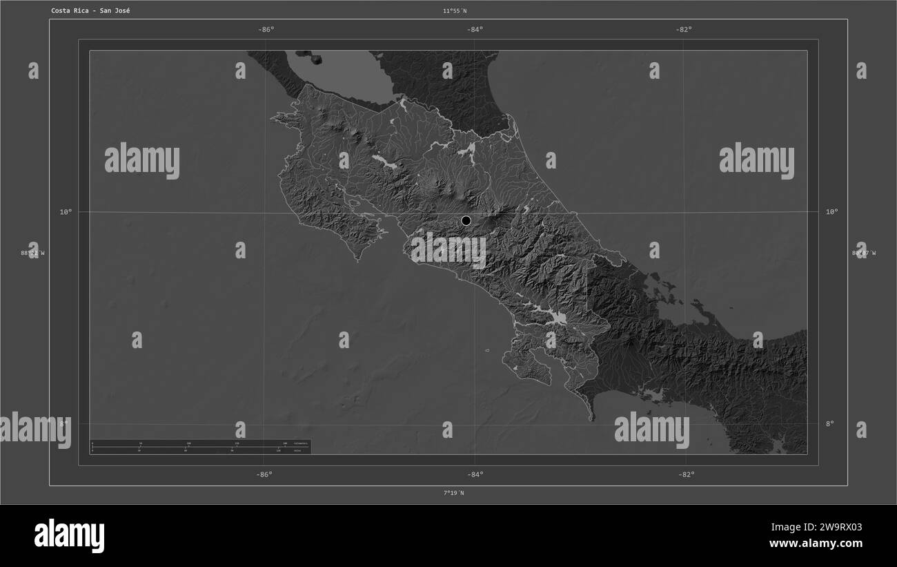 Costa Rica highlighted on a Bilevel elevation map with lakes and rivers ...