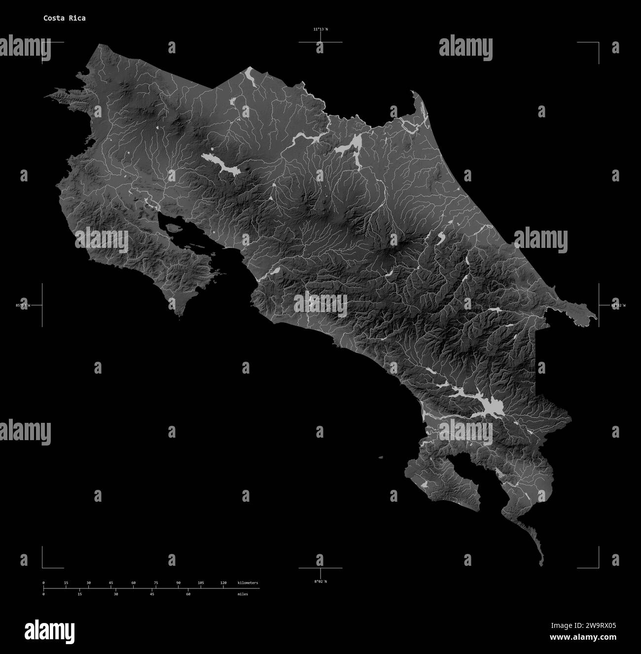 Shape of a Grayscale elevation map with lakes and rivers of the Costa ...