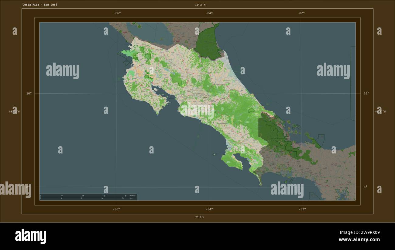 Costa Rica highlighted on a topographic, OSM France style map map with ...