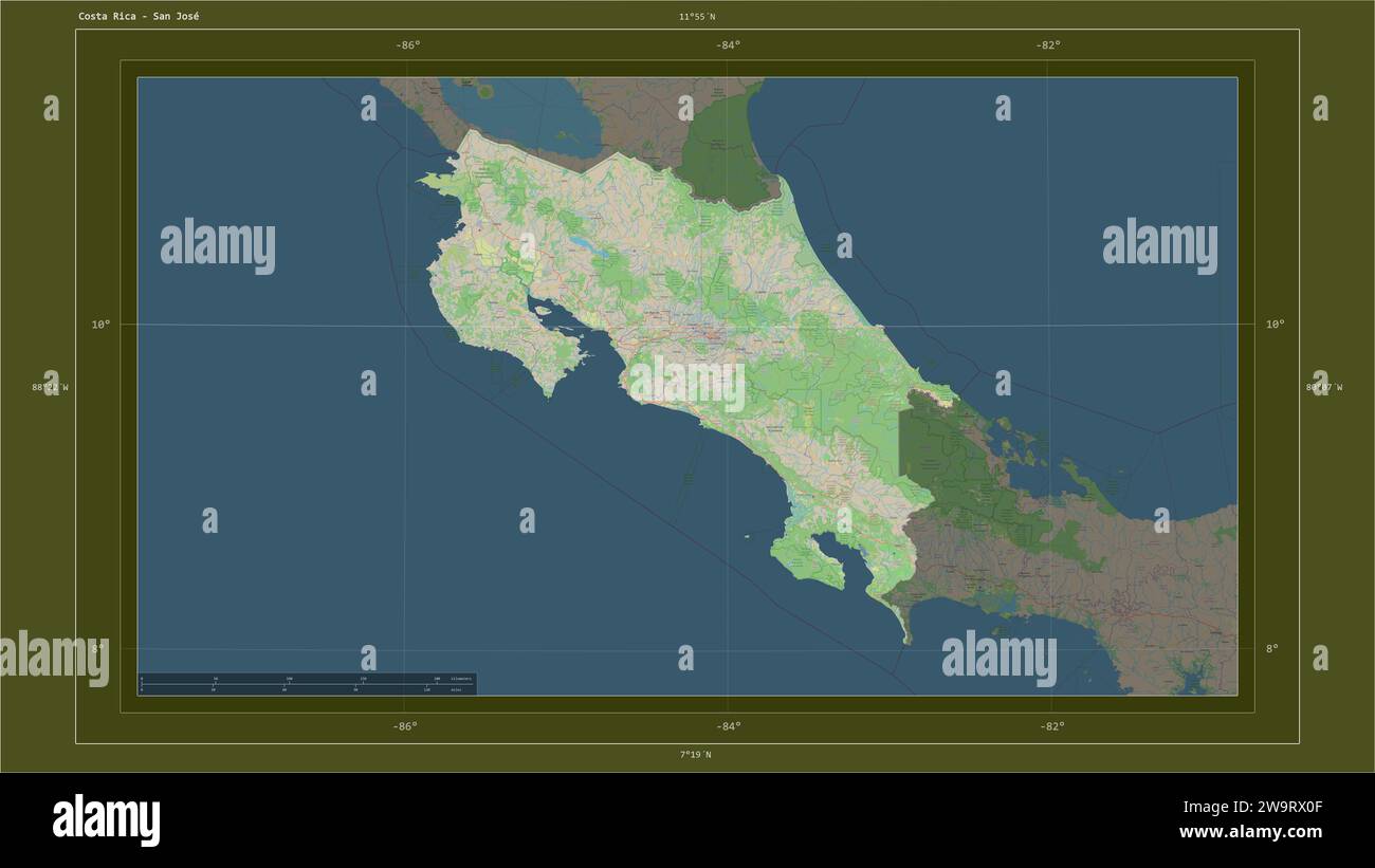 Costa Rica highlighted on a topographic, OSM standard style map map ...