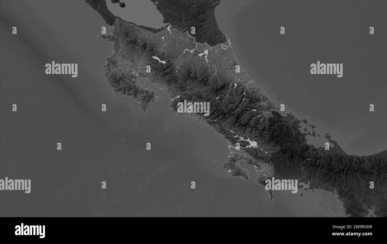 Costa Rica highlighted on a Grayscale elevation map with lakes and ...