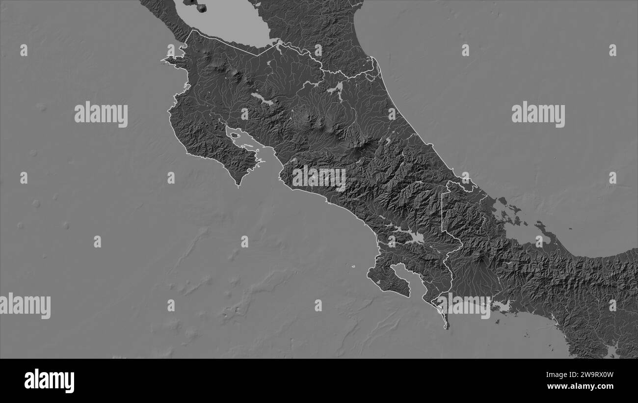 Costa Rica outlined on a Bilevel elevation map with lakes and rivers ...