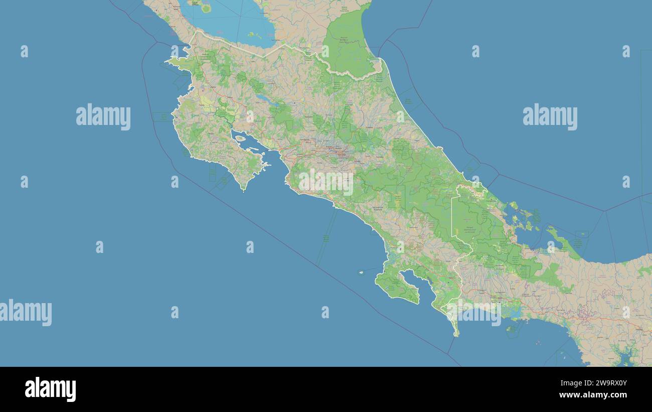 Costa Rica outlined on a topographic, OSM standard style map Stock ...