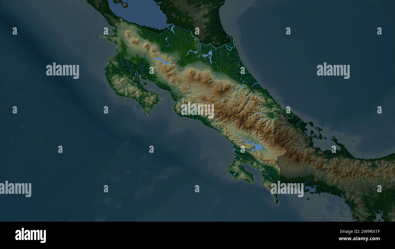 Costa Rica highlighted on a Colored elevation map with lakes and rivers ...