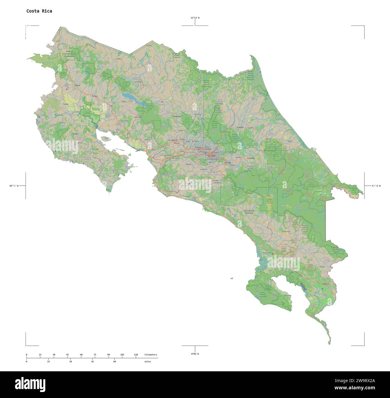 Shape of a topographic, OSM standard style map of the Costa Rica, with distance scale and map ...