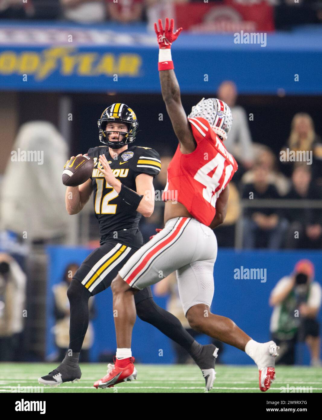 Arlington, Texas, USA. 29th Dec, 2023. Mizzou player #12 QB BRADY COOK ...