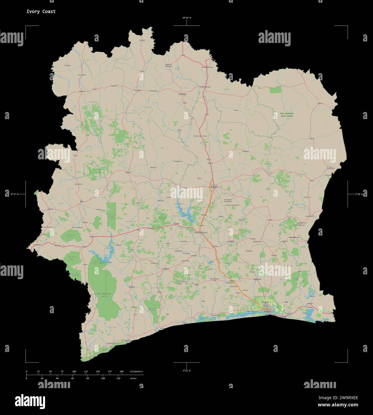 Shape of a topographic, OSM Germany style map of the Ivory Coast, with ...