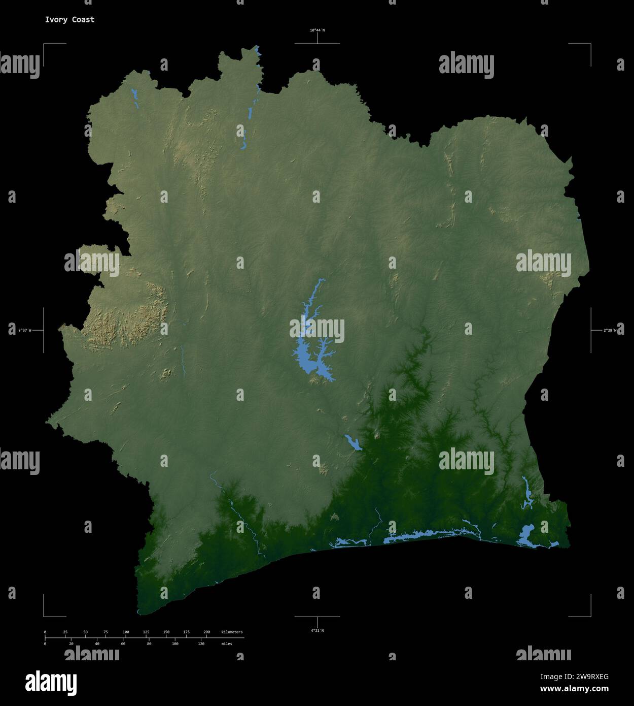 Shape of a Colored elevation map with lakes and rivers of the Ivory ...