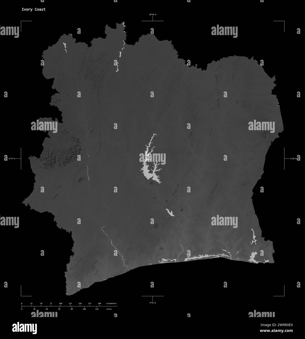 Shape of a Grayscale elevation map with lakes and rivers of the Ivory ...