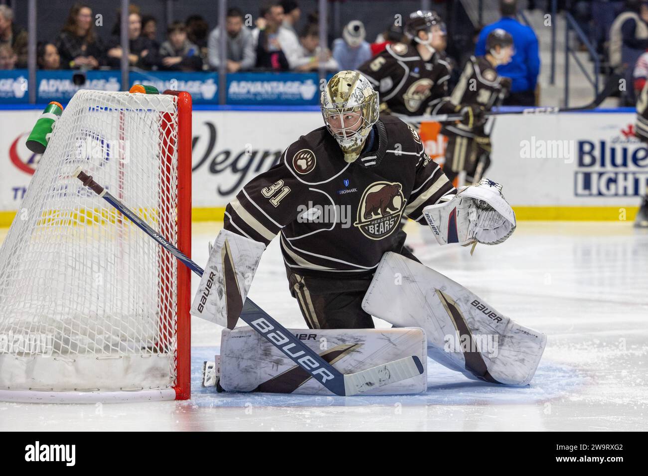 Rochester, New York, USA. 29th Dec, 2023. Hershey Bears goaltender Clay ...