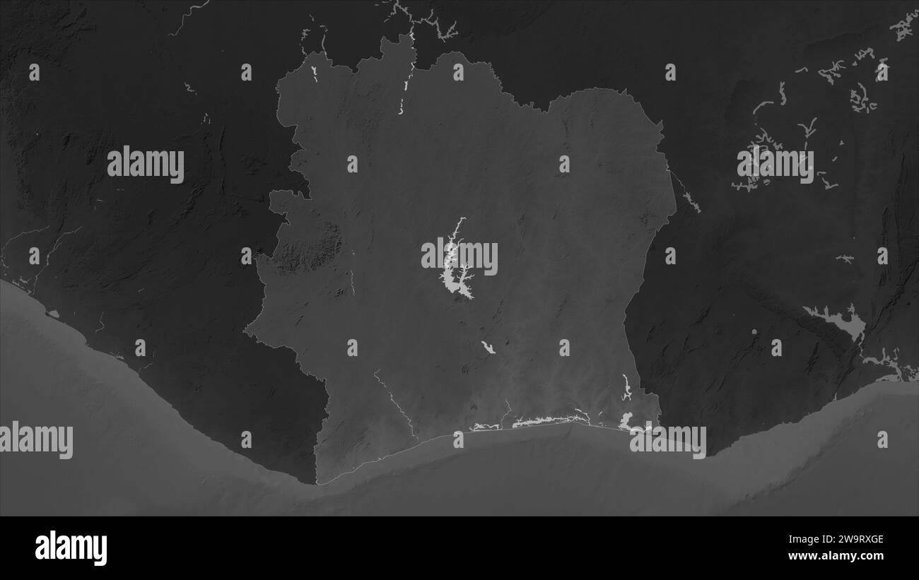 Ivory Coast highlighted on a Grayscale elevation map with lakes and ...