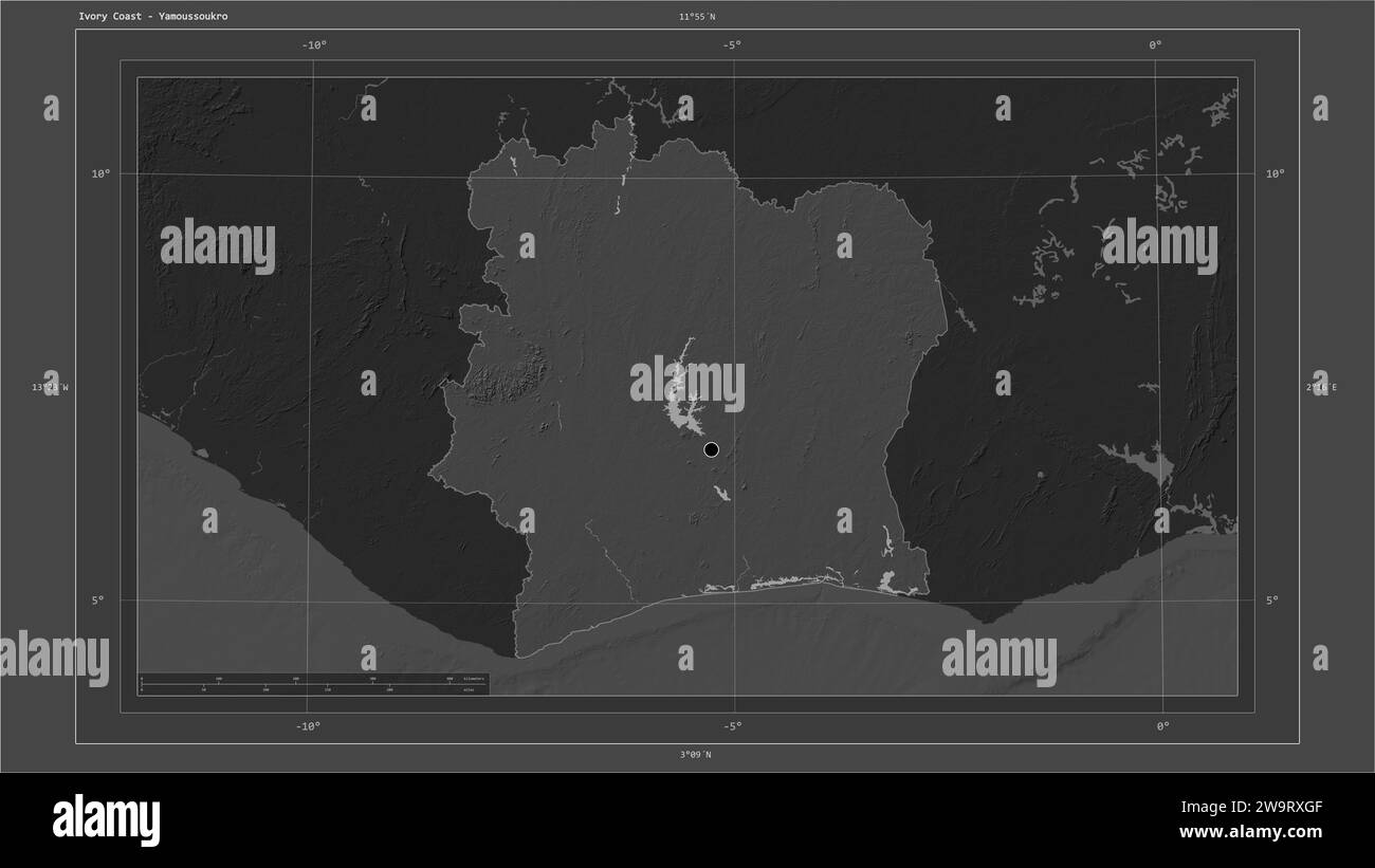 Ivory Coast highlighted on a Bilevel elevation map with lakes and ...
