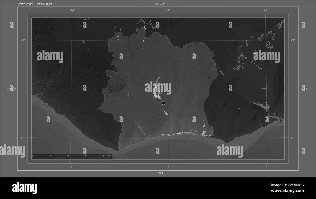 Ivory Coast highlighted on a Grayscale elevation map with lakes and ...