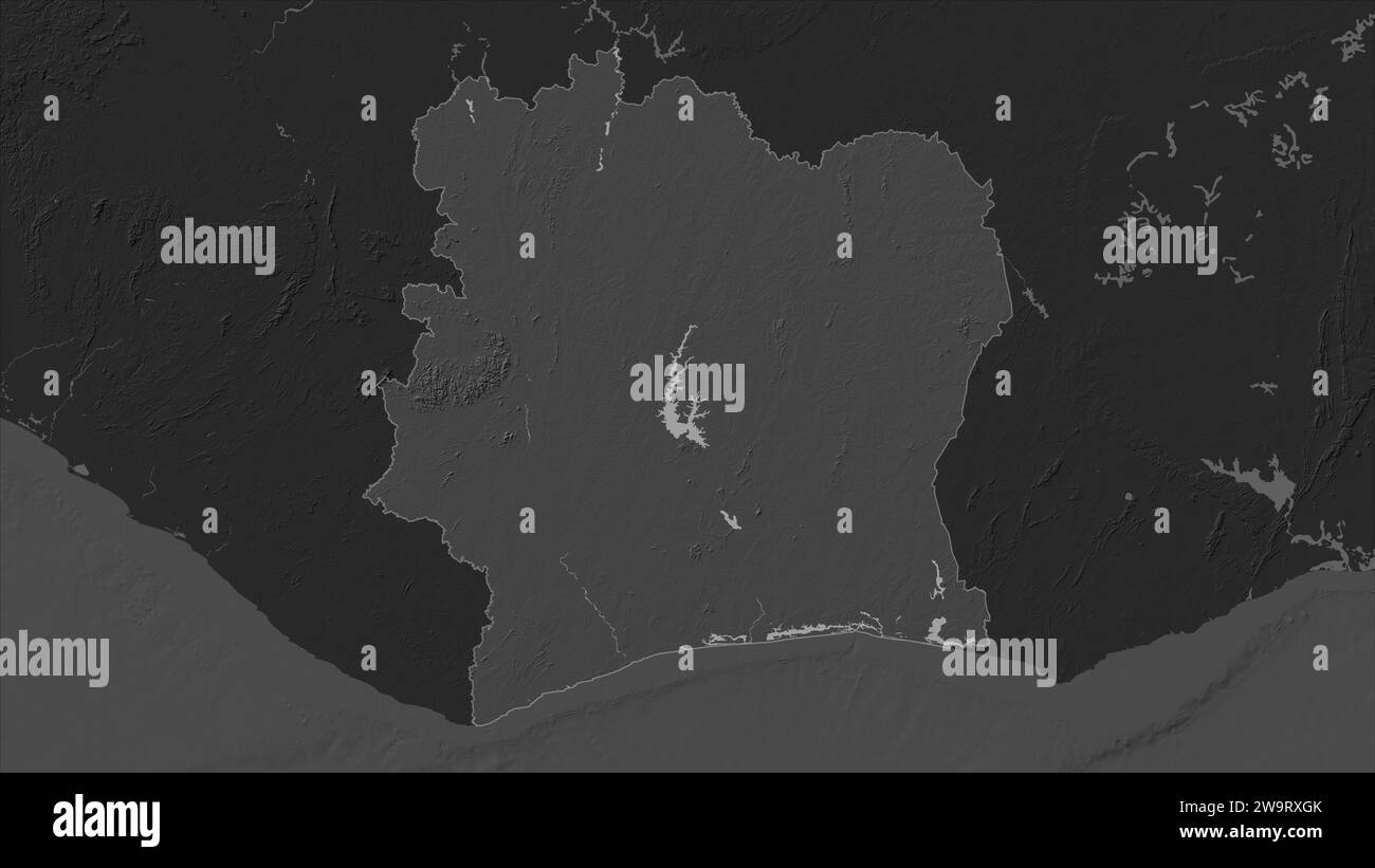 Ivory Coast highlighted on a Bilevel elevation map with lakes and ...