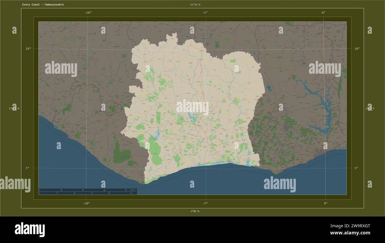 Ivory Coast highlighted on a topographic, OSM standard style map map with the country's capital ...