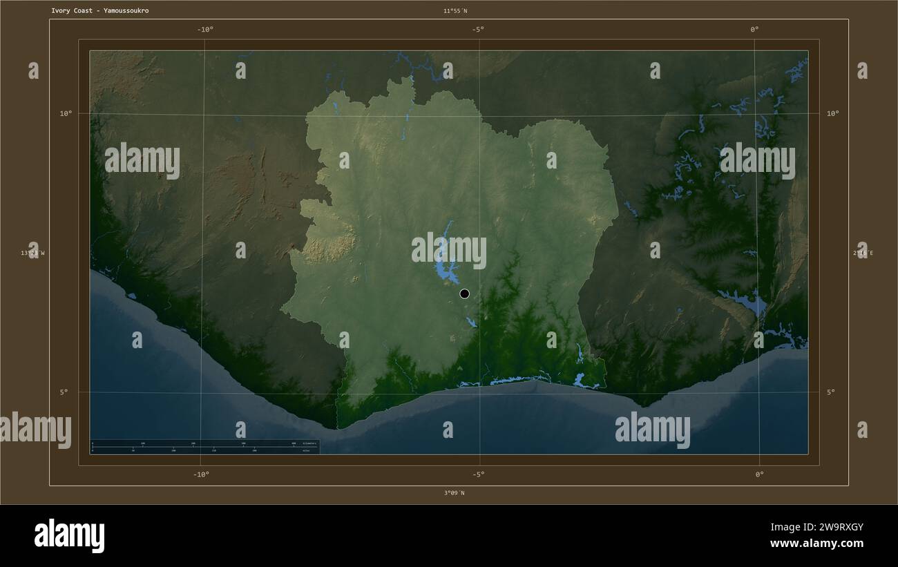 Ivory Coast highlighted on a Colored elevation map with lakes and ...