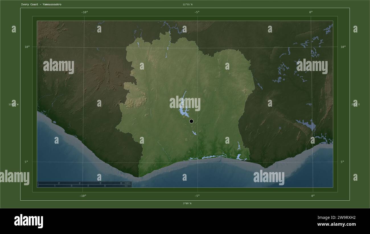 Ivory Coast highlighted on a Pale colored elevation map with lakes and ...