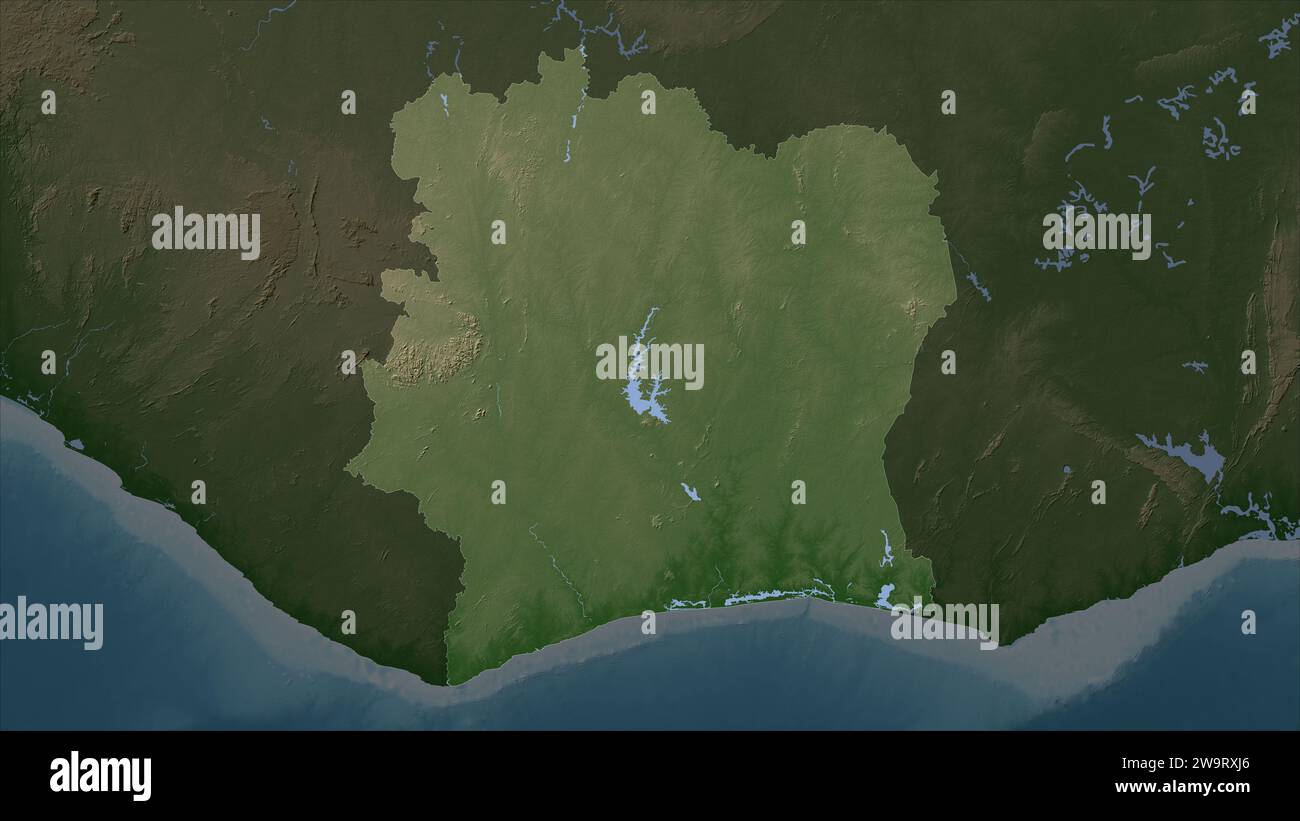 Ivory Coast highlighted on a Pale colored elevation map with lakes and ...