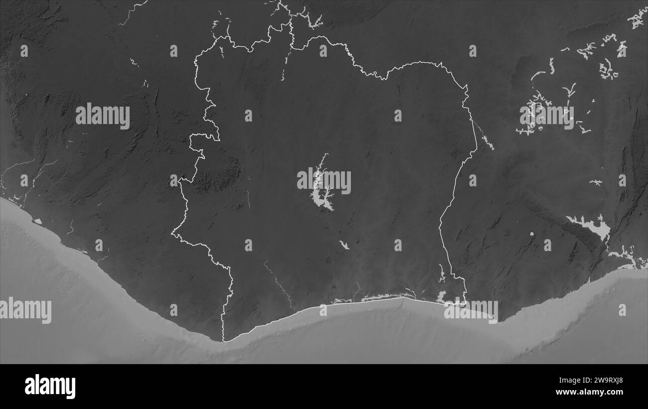 Ivory Coast outlined on a Grayscale elevation map with lakes and rivers ...