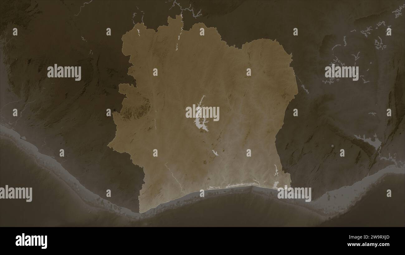 Ivory Coast highlighted on a elevation map colored in sepia tones with ...