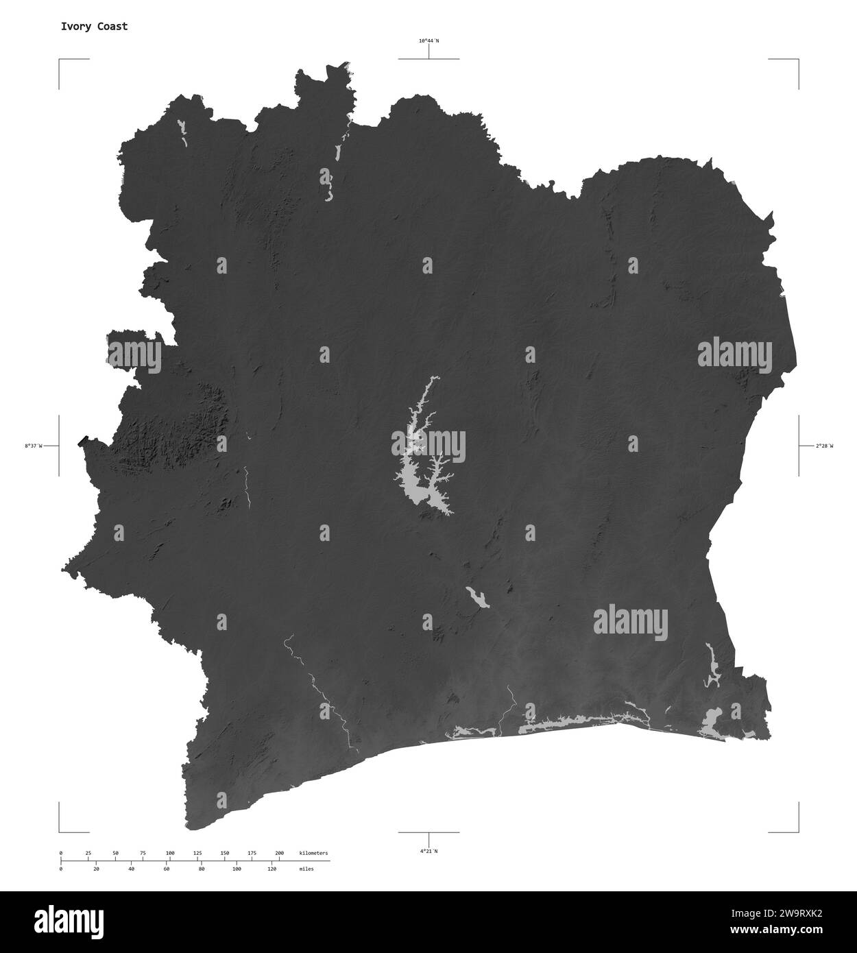 Shape of a Grayscale elevation map with lakes and rivers of the Ivory Coast, with distance scale ...