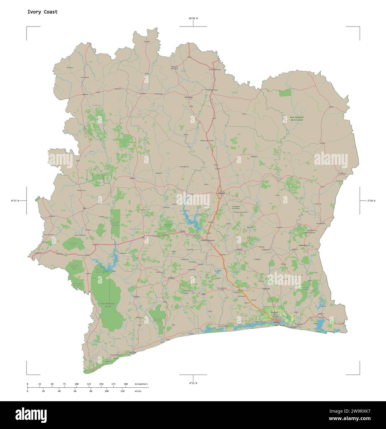 Shape of a topographic, OSM Germany style map of the Ivory Coast, with ...