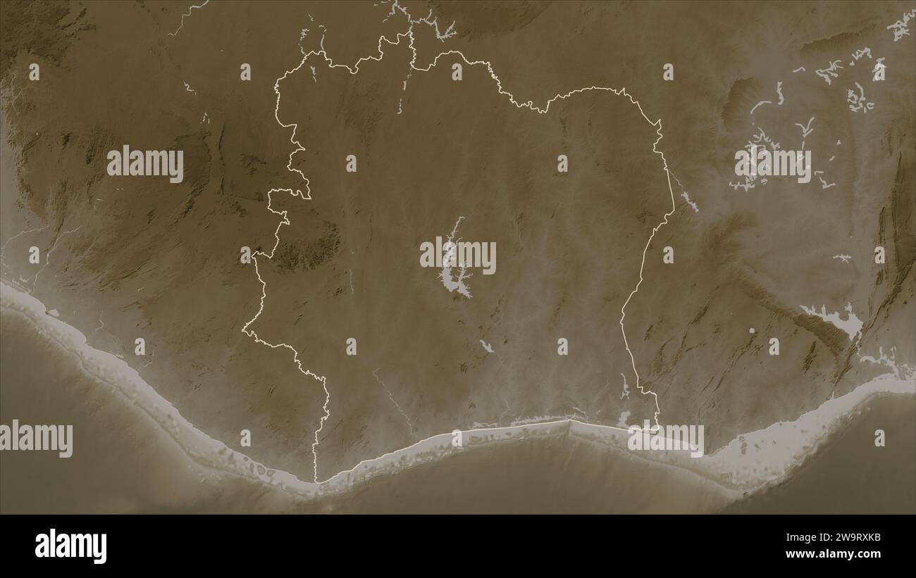 Ivory Coast outlined on a elevation map colored in sepia tones with ...