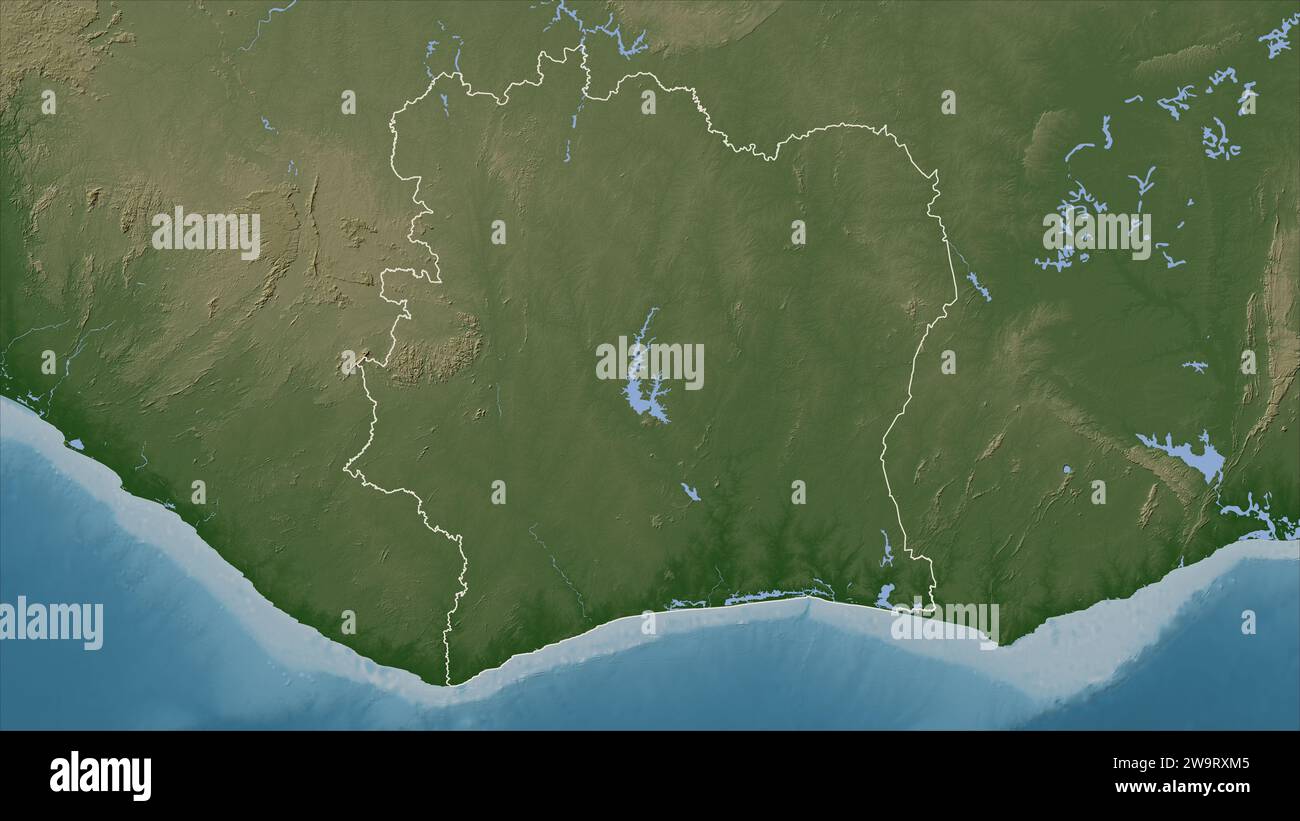 Ivory Coast outlined on a Pale colored elevation map with lakes and ...